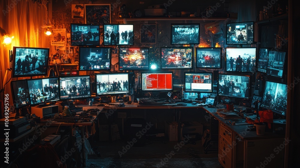 Surveillance Control Room with Multiple Monitors Showing Urban Security ...