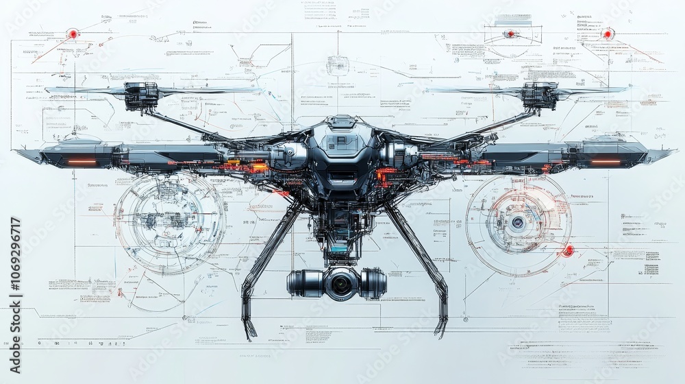 A futuristic, detailed schematic design of a drone, showcasing its technical components and ...