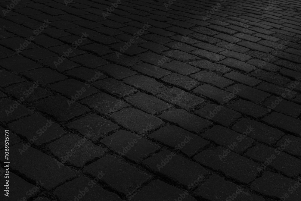 Dark cobblestone pavement with a moody, dramatic texture. Black cobblestone background with ...