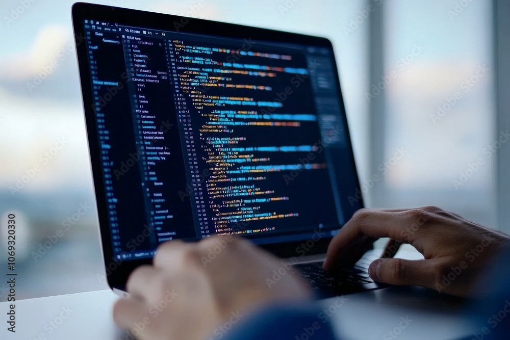 The image captures a close view of hands typing code on a laptop, with ...
