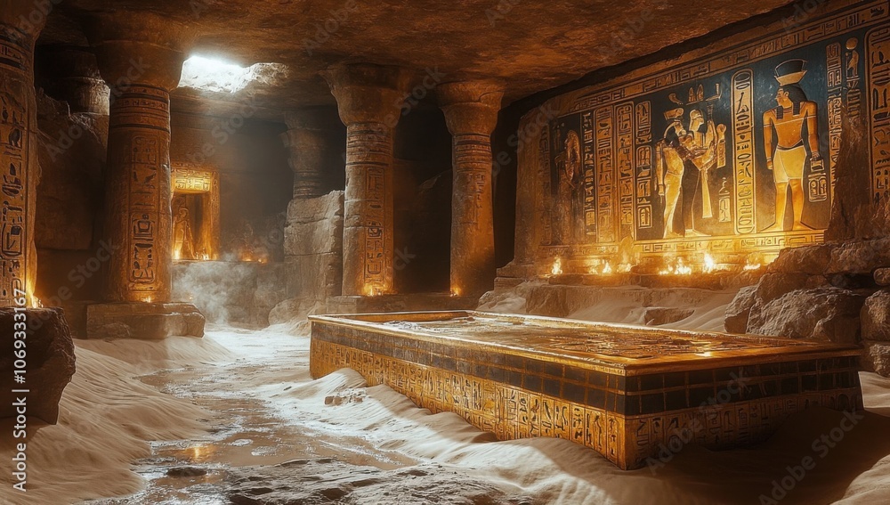Interior of old pyramid or pharaoh's tomb with sarcophagus on stone ...
