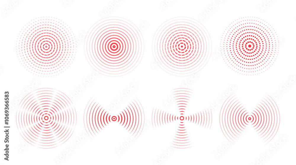 Set of red rings with sound waves, interrupted lines and dots. Rings ...