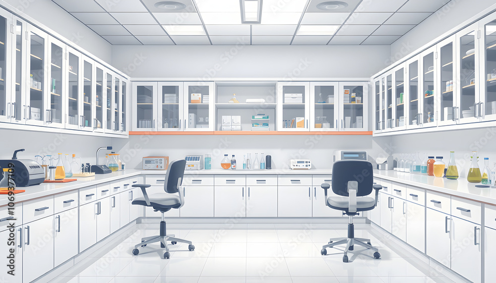 Chemistry lab with white cabinets, chemist workstations and swivel ...