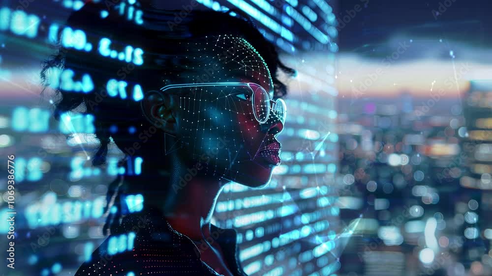 Black woman cyber security expert. With AI code illusminated overlay ...
