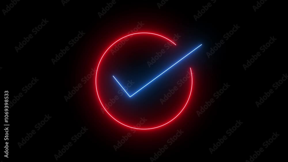 neon red and blue color check mark icon animation with black background ...