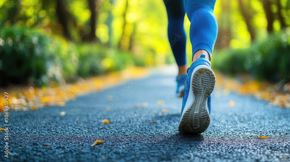 health and care concept picture of running feet for exercise at green ...