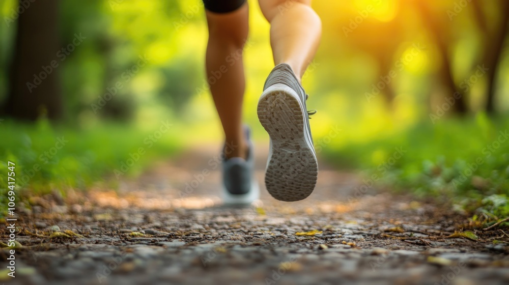 health and care concept picture of running feet for exercise at green ...