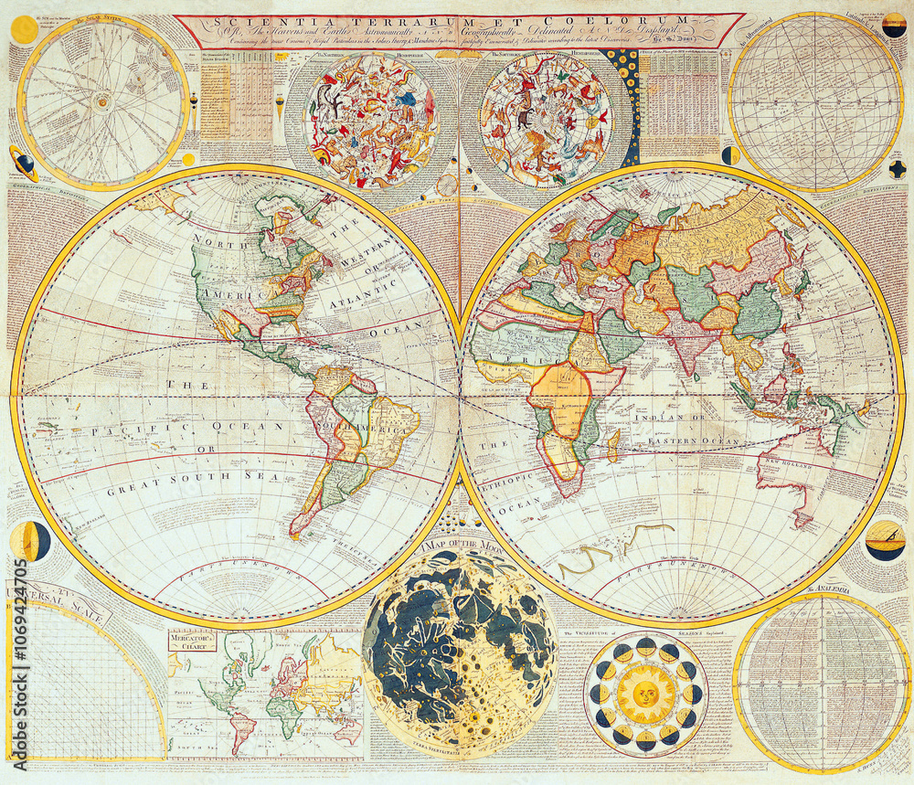 Antique world map showing hemispheres, celestial charts, and moon map ...