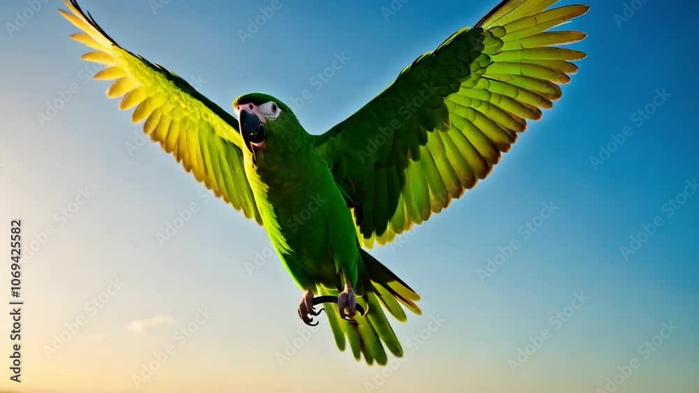 A green parrot is flying in the air with its wings spread wide. The ...