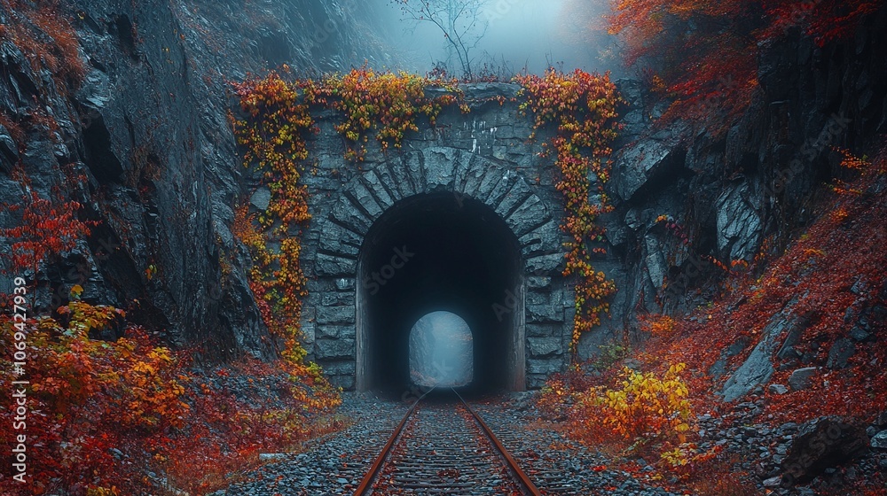 Historic Stone Railway Tunnel with Vines and Mist in Mountain Landscape ...