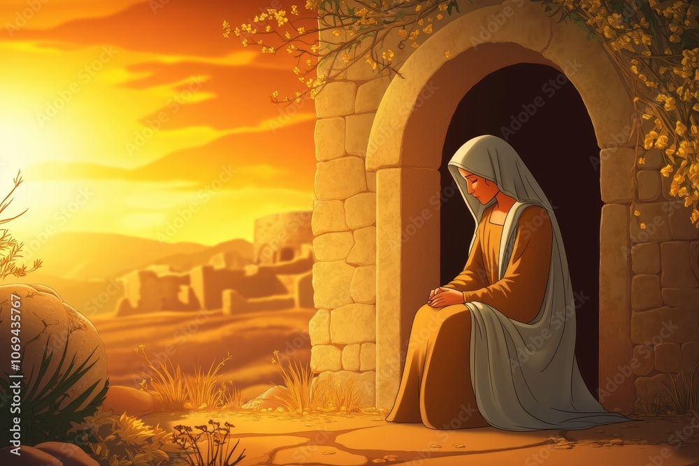 Tender cartoon scene of Mary Magdalene at the tomb with soft light and ...