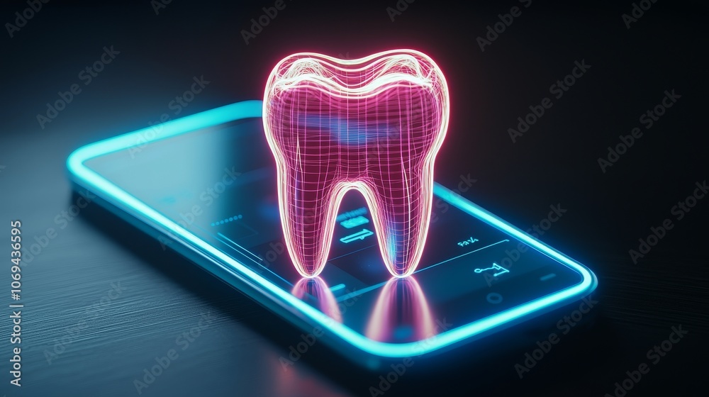Smartphone displaying dental health app, holographic tooth floating ...