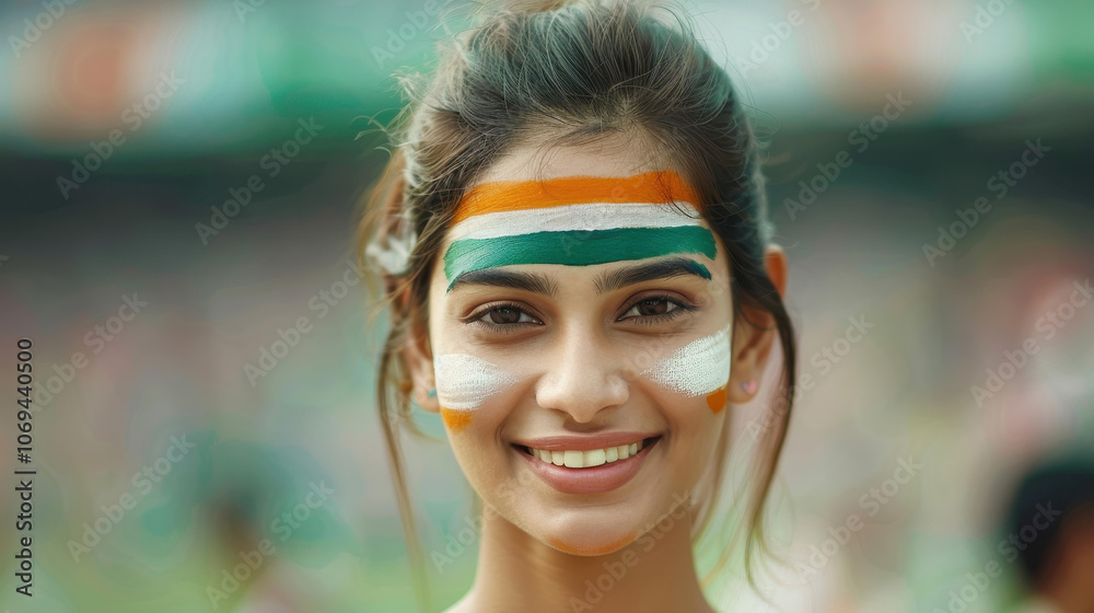 Cheerful Indian woman in tricolor face paint at sports event, cheering ...