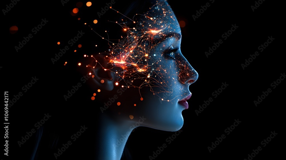 Woman's face in profile, her brain rendered as a vibrant matrix of ...
