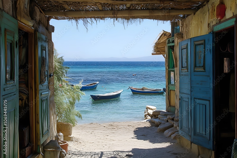 Dahab Beach presents a beautiful scene looking out to the sea with its ...