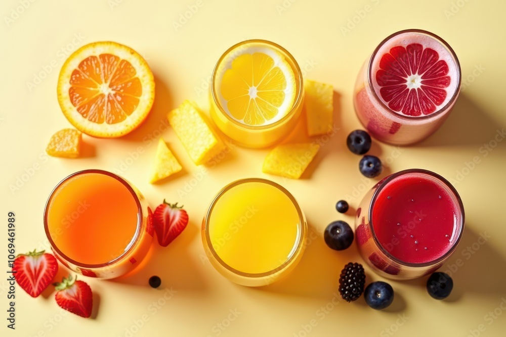 Top-down view of vibrant fruit juices in transparent glasses ...