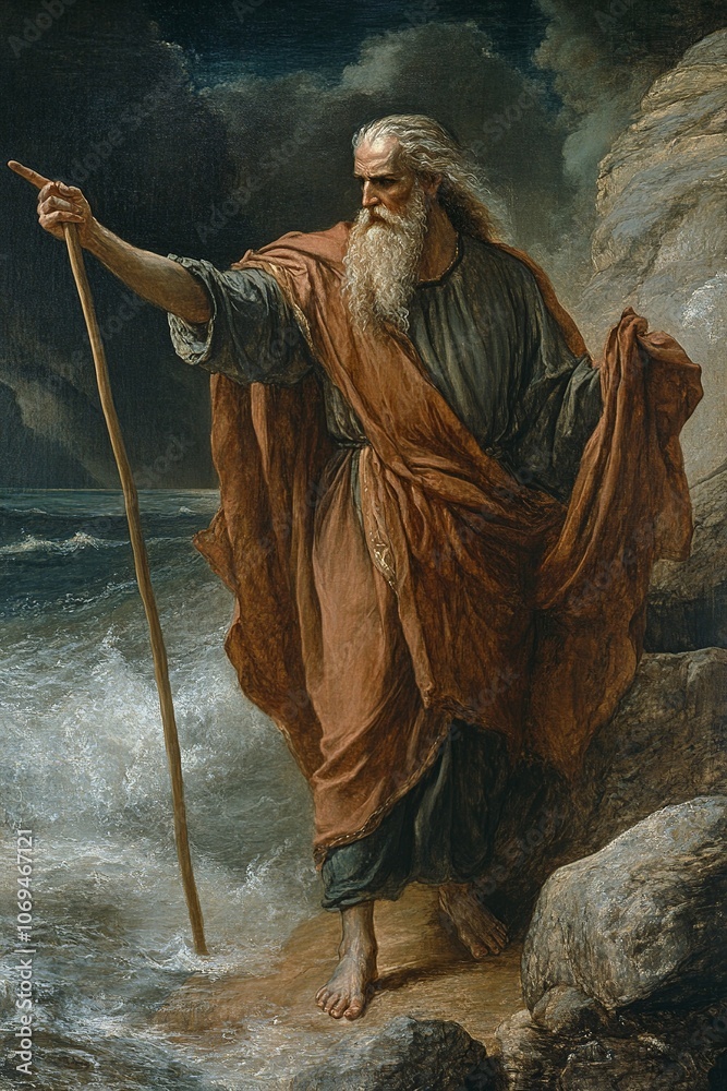 A dramatic scene of Moses stretching out his staff over the Red Sea ...