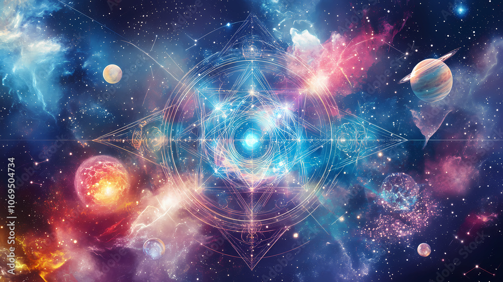 Abstract art of sacred geometry shapes with stars, planets, and a ...