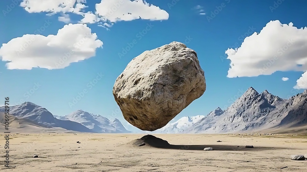 Explore the mystique of a floating rock in a desert landscape against a ...