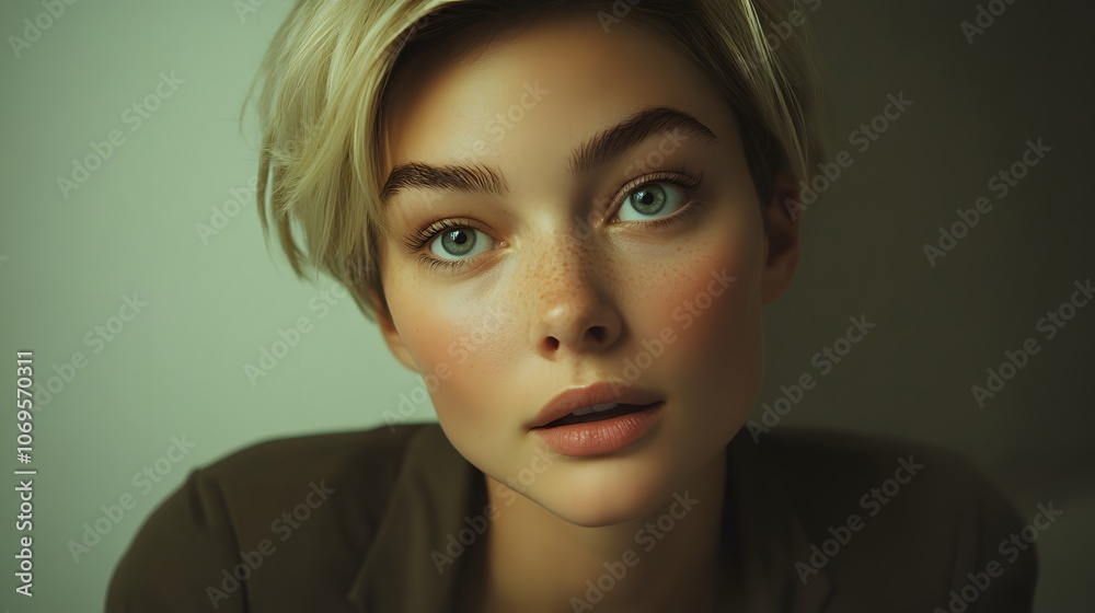 Wide angle, Lifestyle photo of a woman looking curious, leaning forward ...