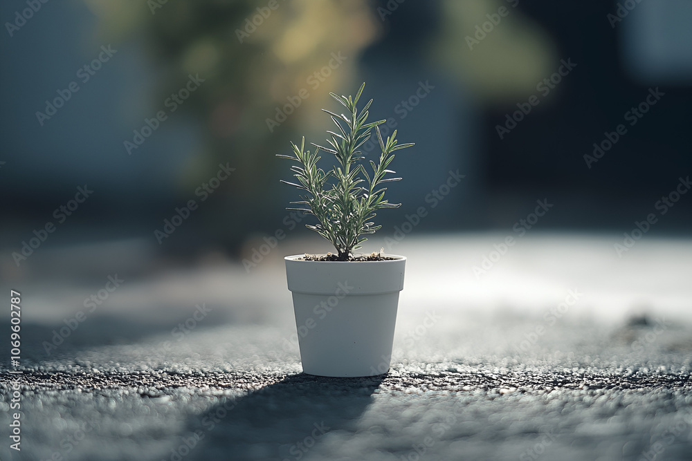 Nurturing a small rosemary plant in a minimalist white pot for home ...