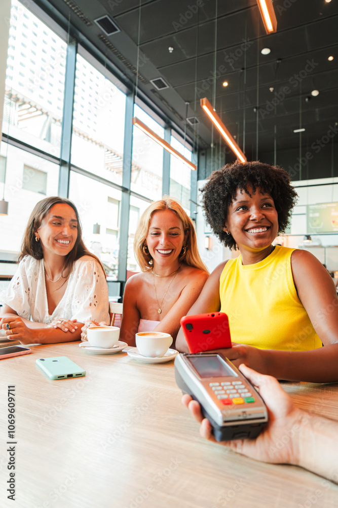 Vertical. Three diverse happy young women friends smiling while making ...
