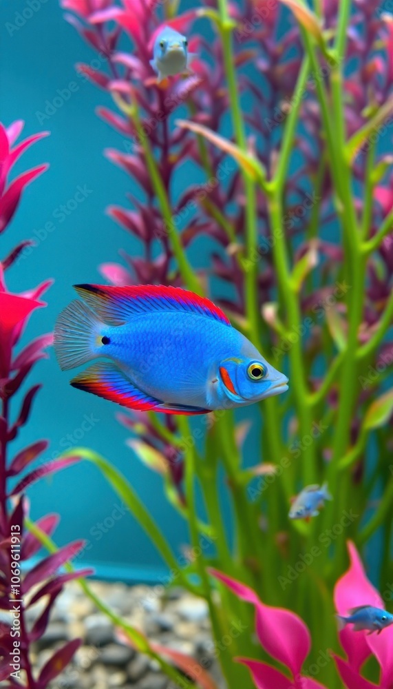 bright blue fish with red fins and a red stripe along its body ...