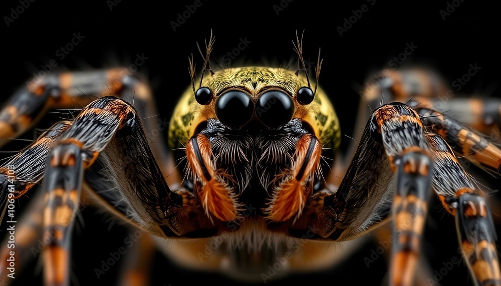 detailed view of a spider's face and front legs, with a focus on its ...