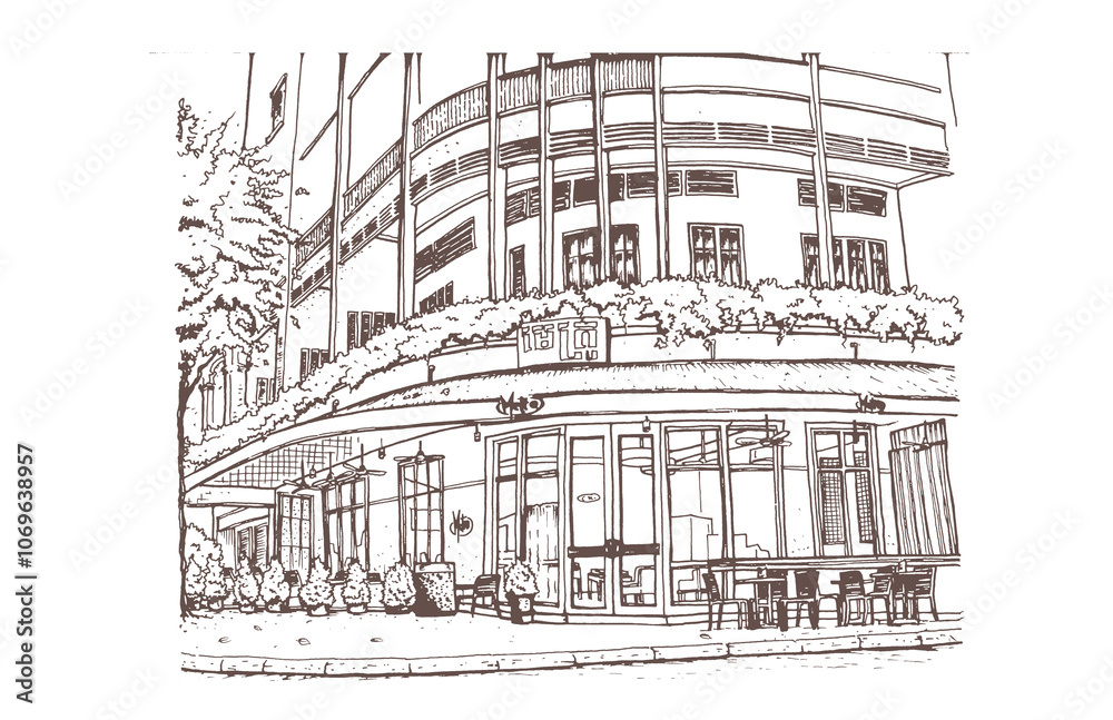 Skettch of French colonial style buildings, along the waterfront of ...