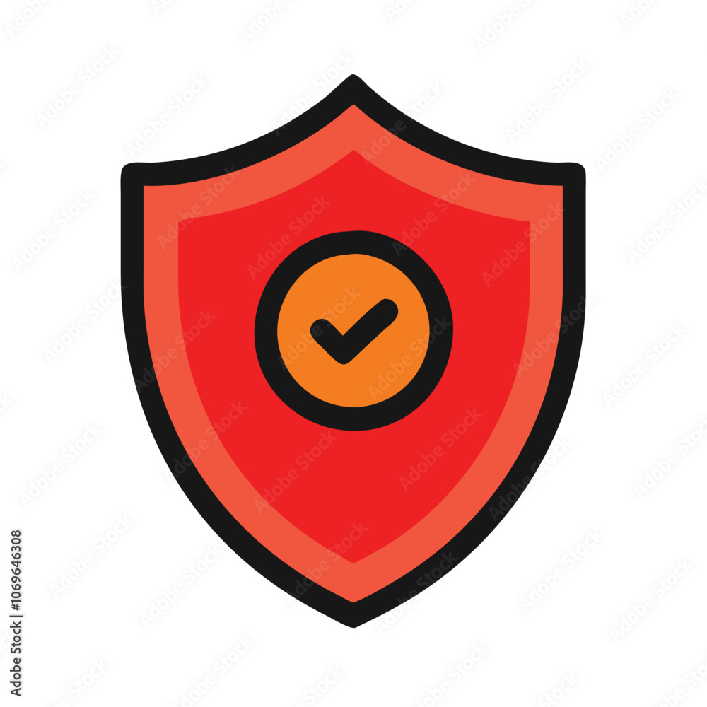 Red Shield Icon with Check Mark Badge, Bold red shield icon featuring a ...