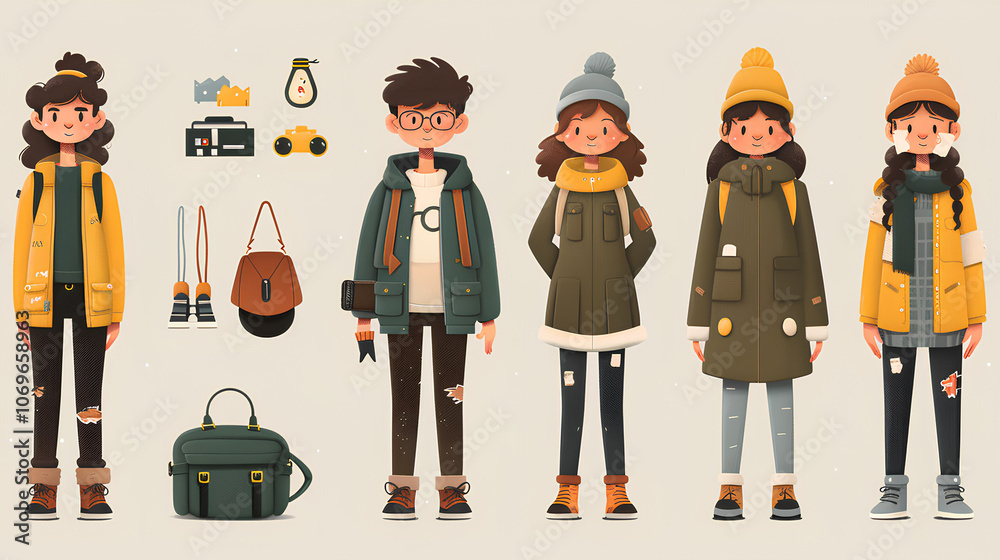 Cute Cartoon Characters Wearing Winter Clothes Illustration Group of ...