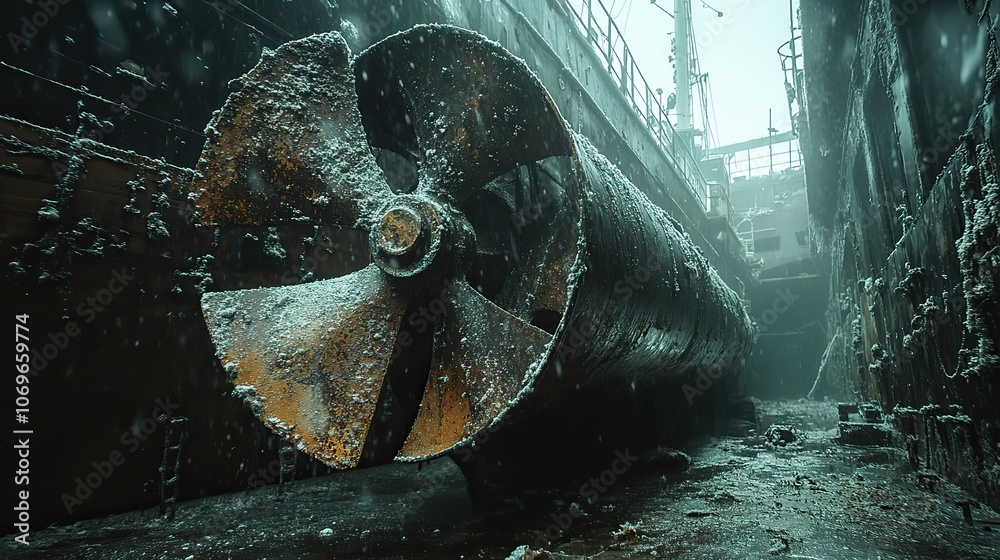 Underwater close-up of a ship's propeller and rudder, highlighting ...