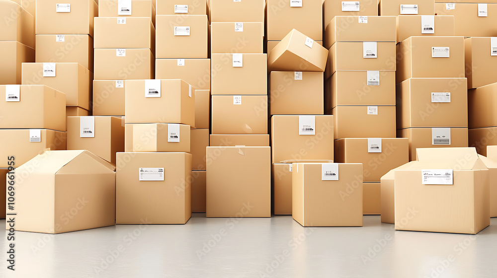 Rows of stacked cardboard boxes in warehouse, each labeled for ...