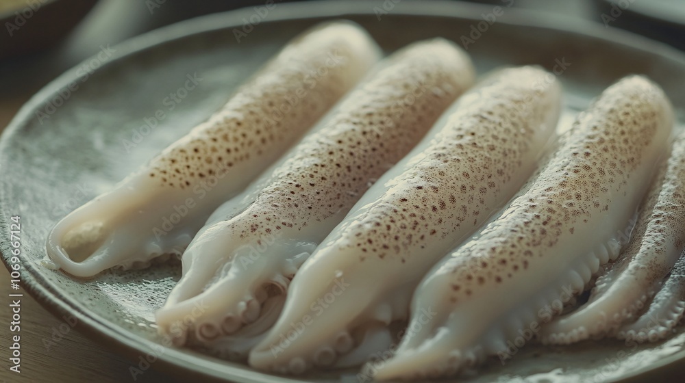 16.Fresh squid neatly arranged on a plate, detailed close-up of fins ...