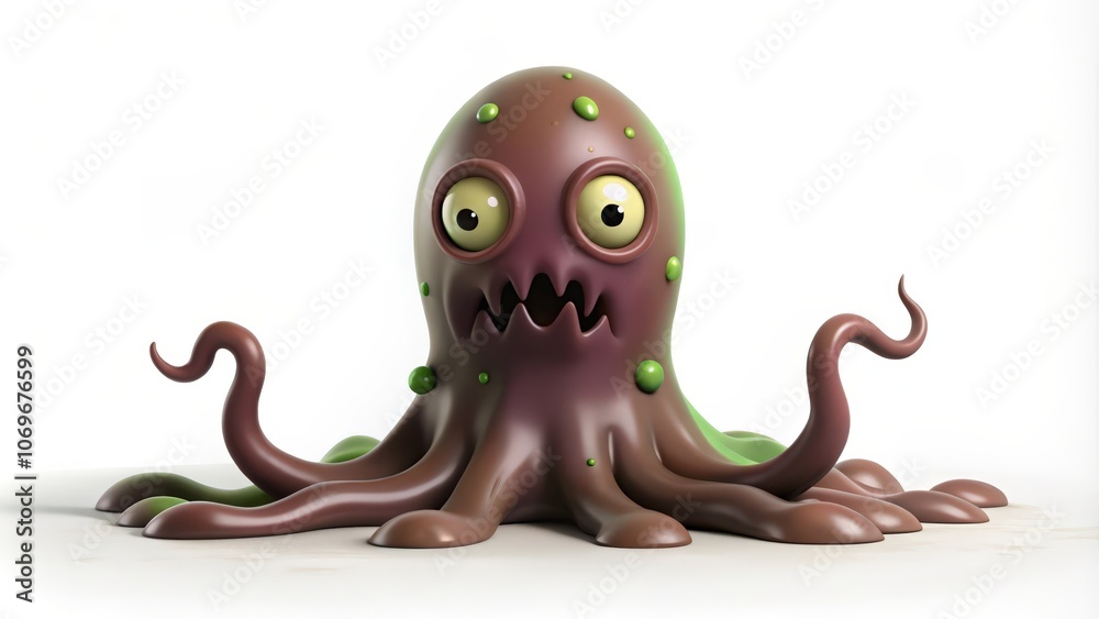 Cartoon Green and Brown Octopus with Big Eyes and a Frown Stock ...