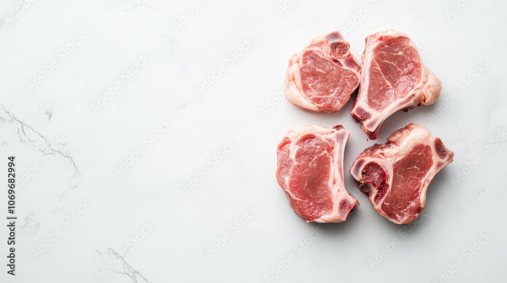 5.Top view of pork neck chops against a white background, marbled with ...