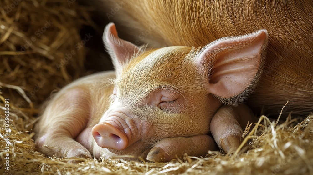 15.Nursing piglet latched onto the mother sow, detailed view of the ...