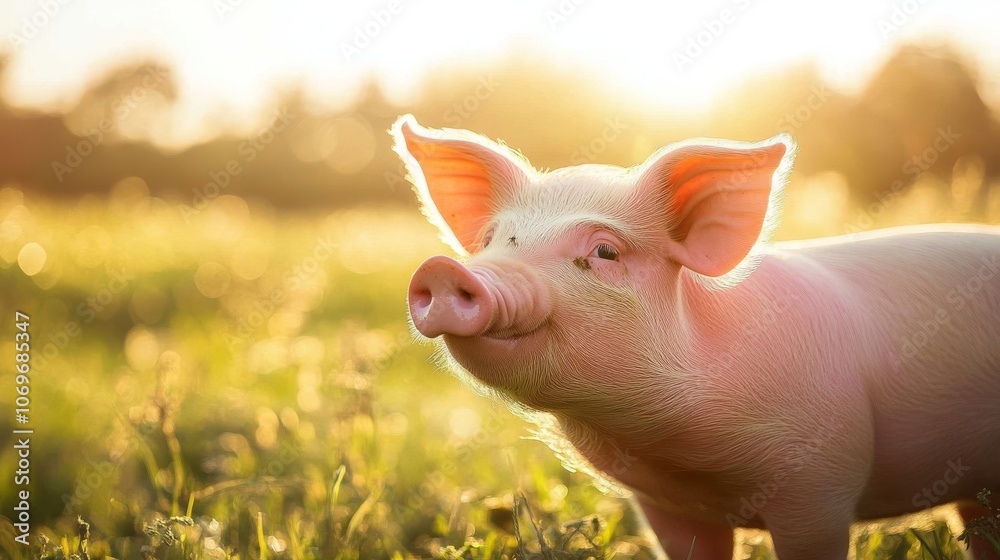 74.A cute pink pig standing with its nose slightly raised, giving a ...