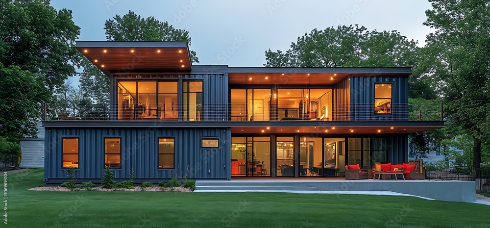 Modern two-story home built from shipping containers with large windows ...