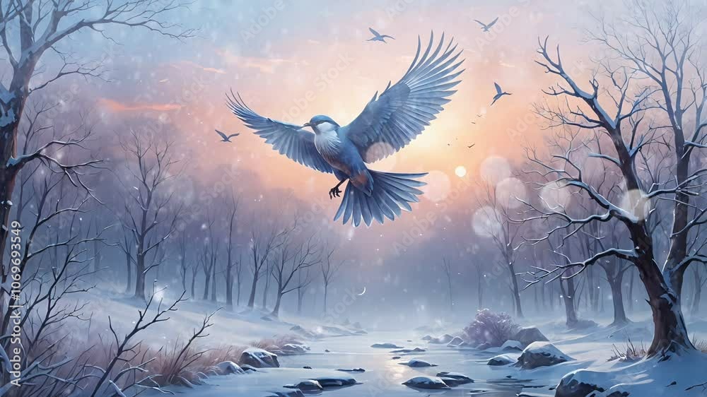 Flock of bluebirds flying over serene snowy river at dawn. Winter ...