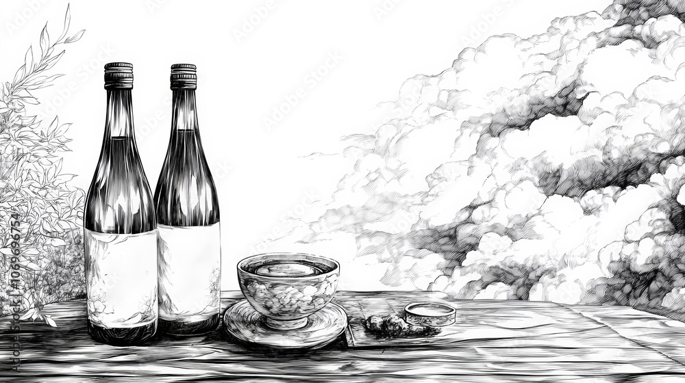 black and white illustration, line drawing, of japanese sake flight ...