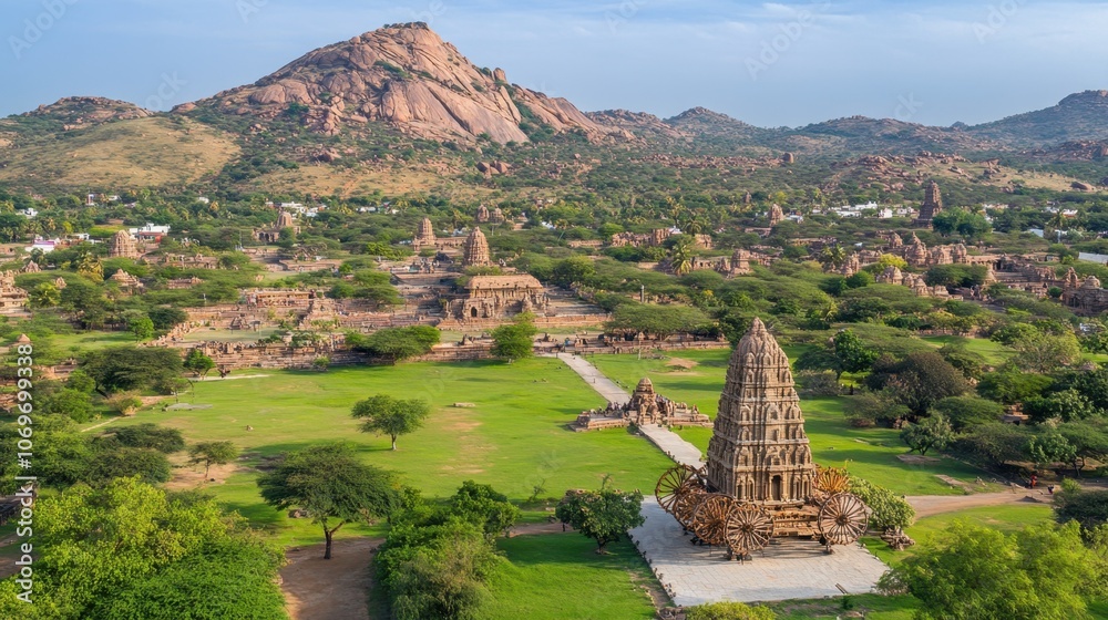 A picturesque view of the Vijaya Vittala Temple in Hampi, showcasing ...