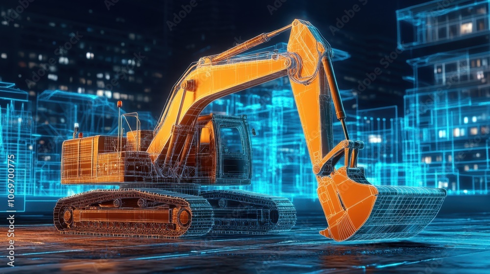 A realistic 3D engineering render of an excavator, focused on its ...