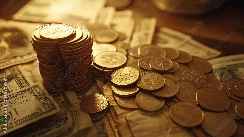 Collection of coins and bills stacking up, hand counting, 8k, hyper ...