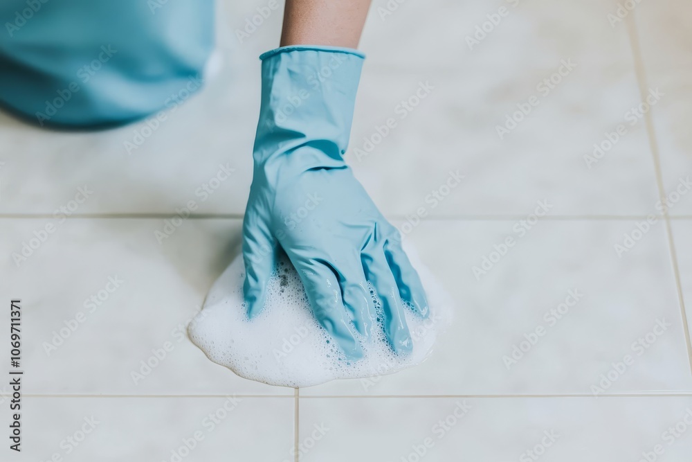Gloved hands scrub a tile floor with soapy foam, a cleaning task in ...