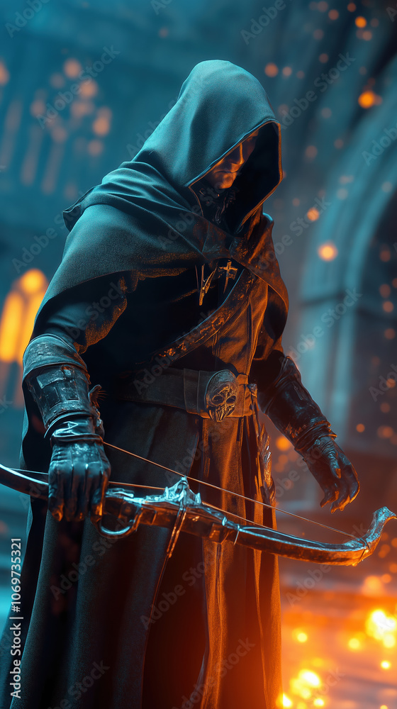 Gothic Vampire Hunter in Dark Cloak with Crossbow Lurking in Haunted ...