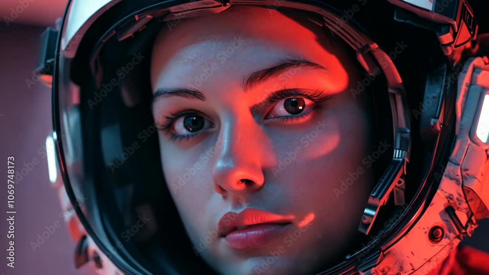 A woman wearing an astronaut helmet looks intently at the camera in a dimly lit room Stock Video ...