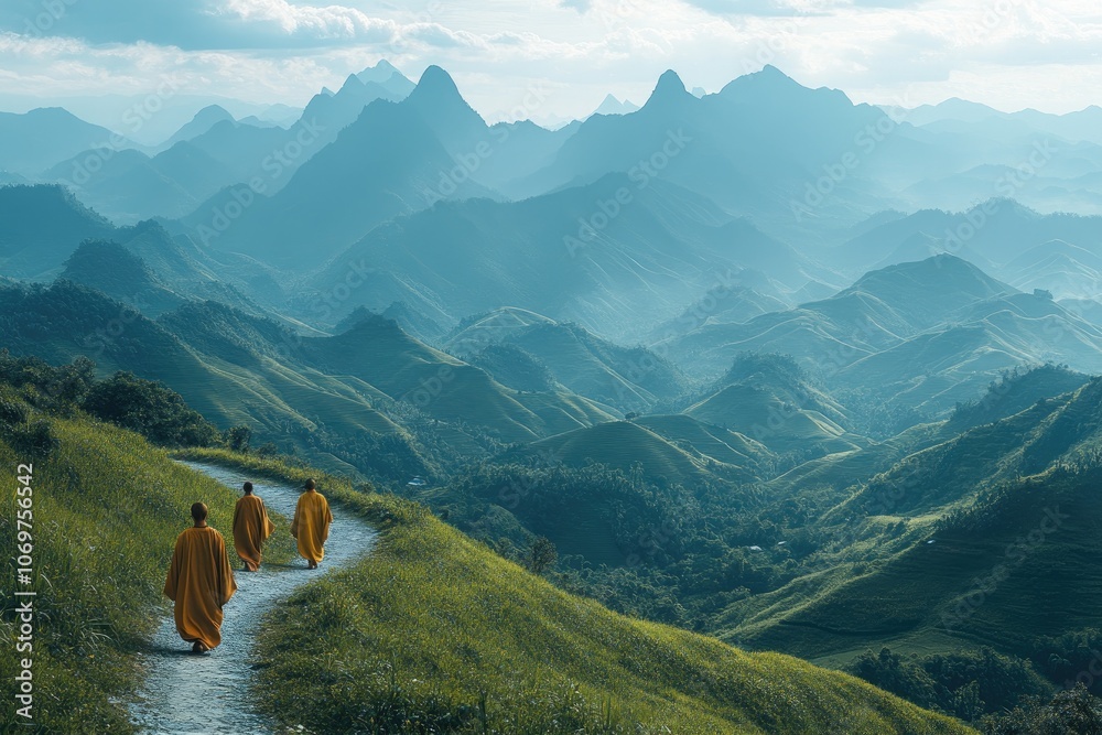 Buddhist monks walking on a mountain path in ha giang, vietnam Stock ...