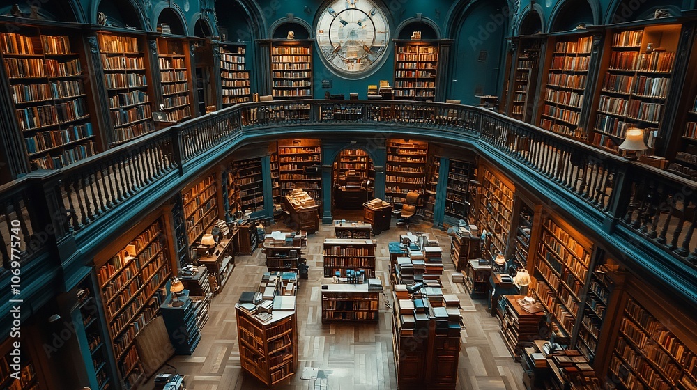 A grand, circular library with a balcony, filled with bookshelves and ...