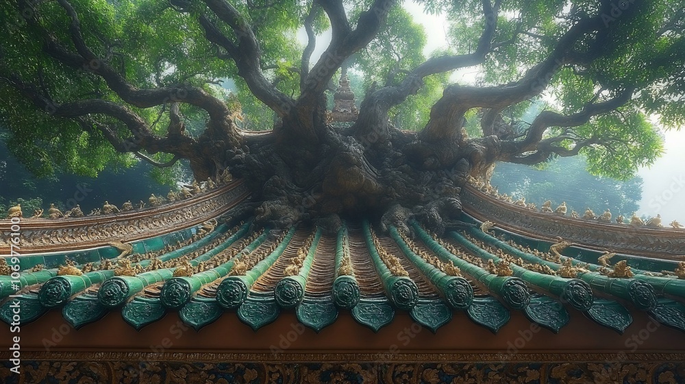 Ancient banyan tree growing through a traditional Chinese temple roof ...
